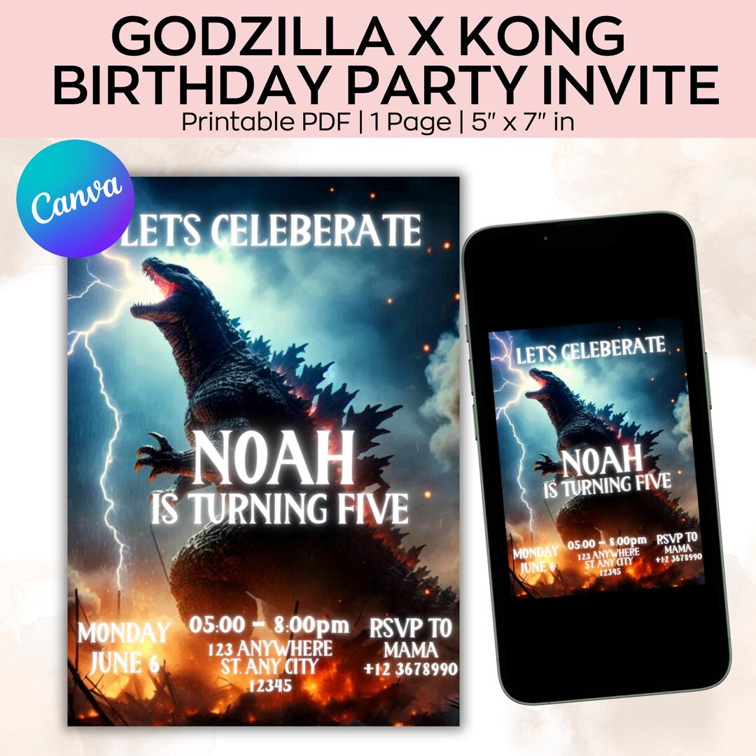 Customizable Godzilla X Kong, Kids Birthday Party Invitation, Godzilla ...