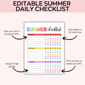 Printable Editable SUMMER Daily Checklist for Kids, Daily Checklist for ...