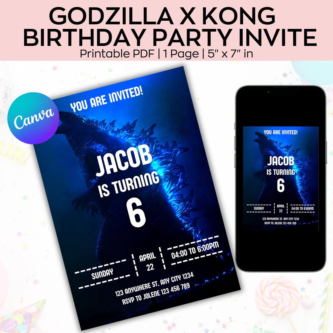 King Kong and Godzilla Invitation, Godzilla Birthday Invitation, Boys ...