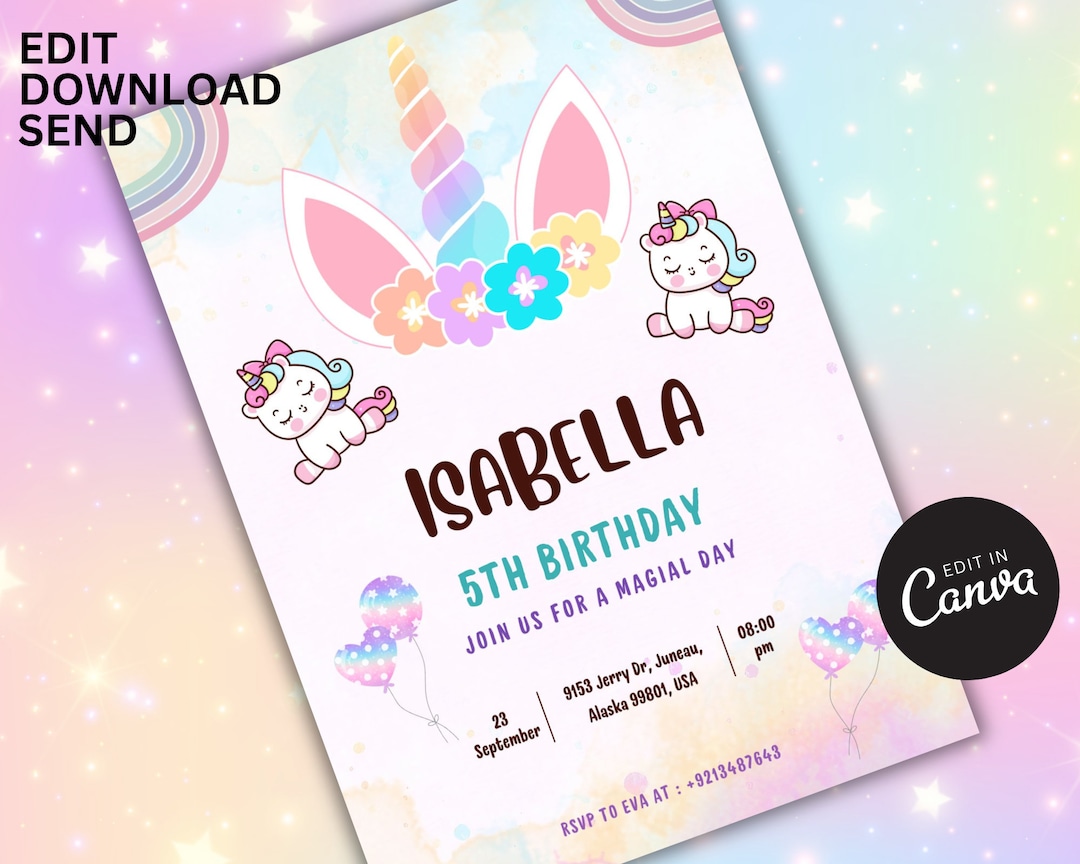 Unicorn Rainbow Birthday Party Invitation Template, Editable Unicorns ...