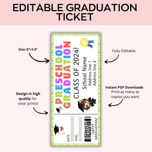 Preschool Graduation Ceremony Ticket Editable Template, Class Grad ...