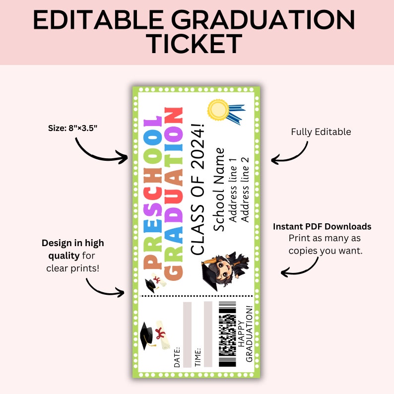 Preschool Graduation Ceremony Ticket Editable Template, Class Grad ...