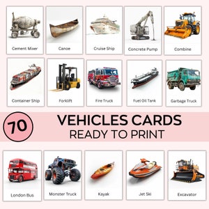 70 Vehicles Flash Cards, Montessori Cards Printable, Nomenclature Cards ...