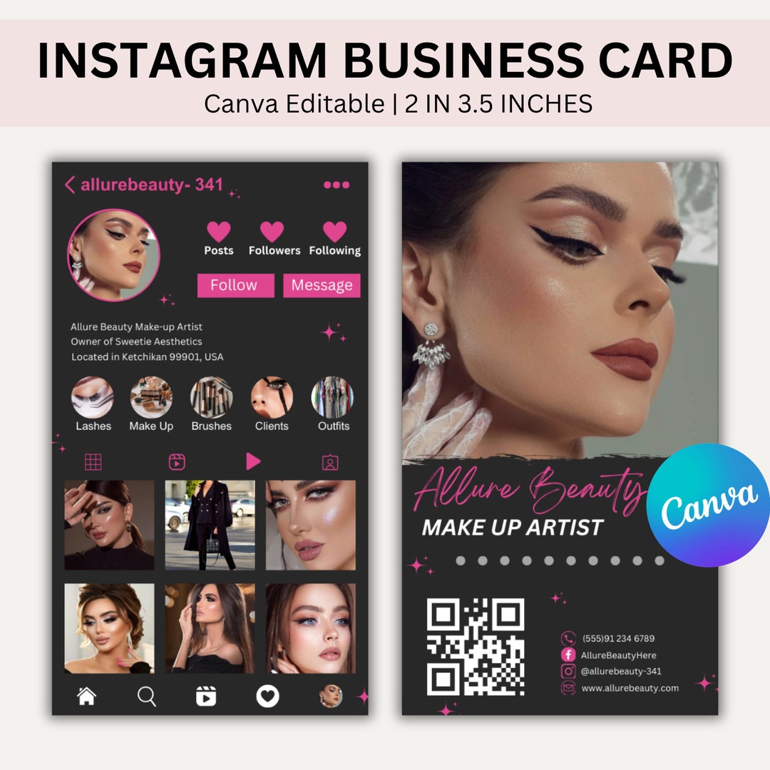 Instagram Business Cards, DIY Canva Template Design, Black and Pink ...