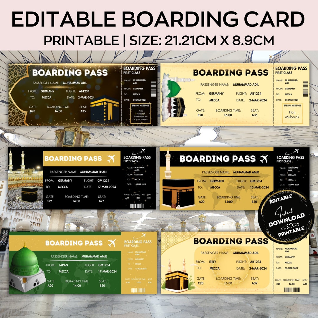 Hajj Boarding Pass,editable Hajj Plane Ticket,makkah Umrah Gift ...