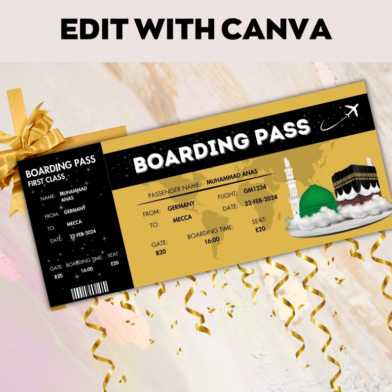 Hajj Boarding Pass,editable Hajj Plane Ticket,makkah Umrah Gift ...