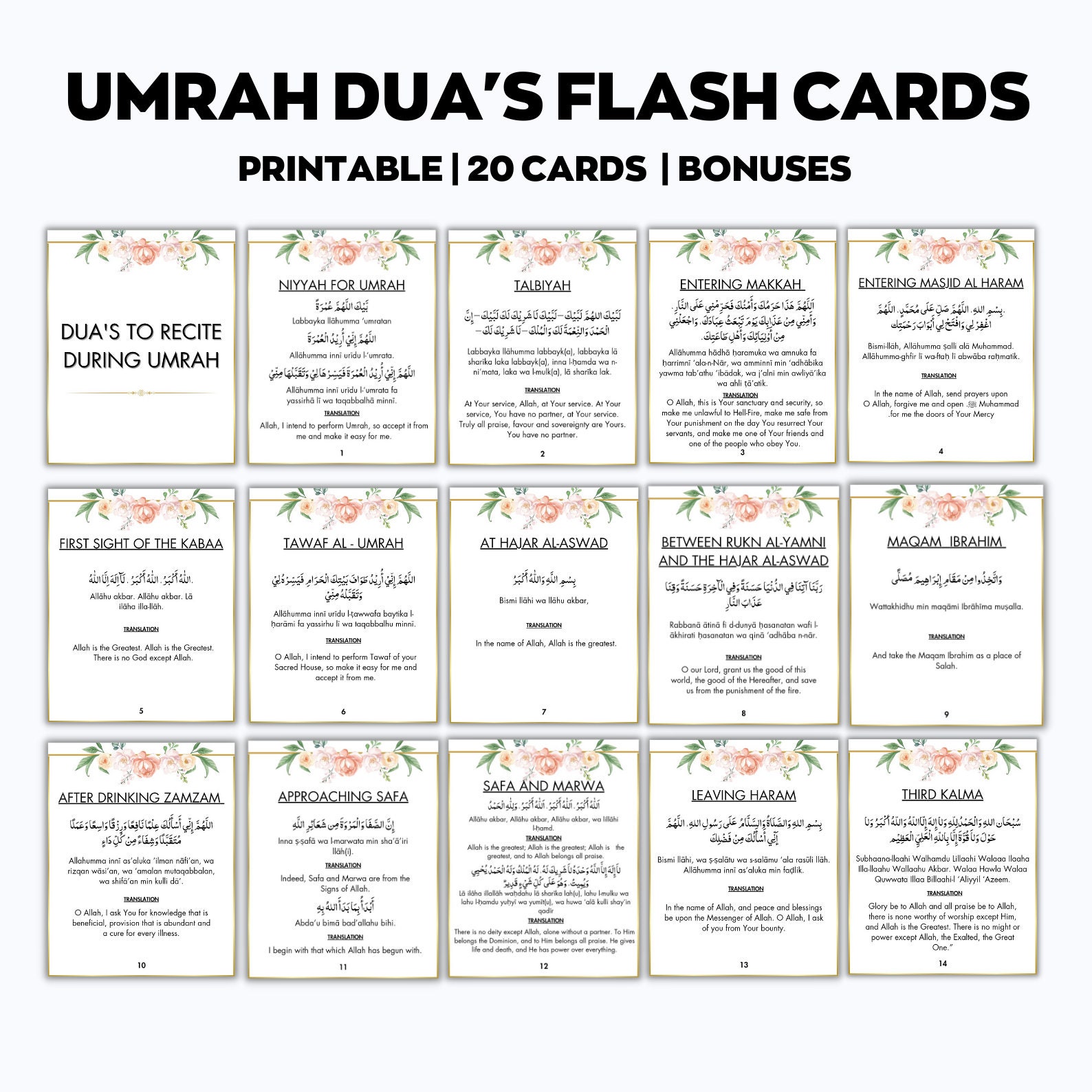 Floral Umrah Dua Printable, Umrah Blue Dua Cards, Umrah Guide ...