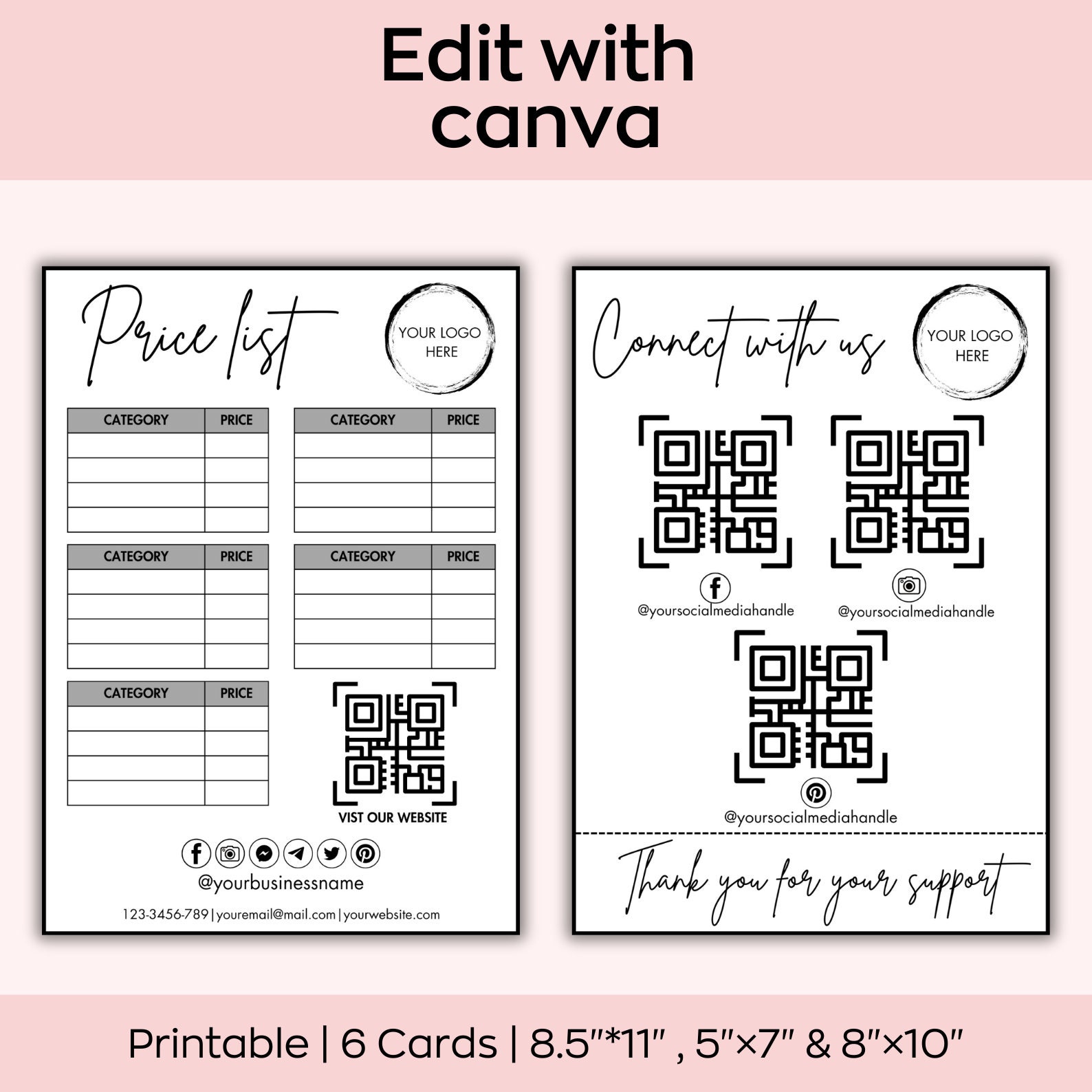 QR Code Sign for Small Business, Canva Template Editable, Price List ...