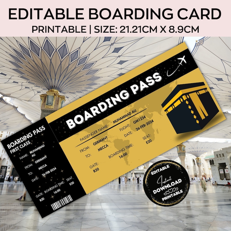 Hajj Boarding Pass,editable Hajj Plane Ticket,makkah Umrah Gift ...