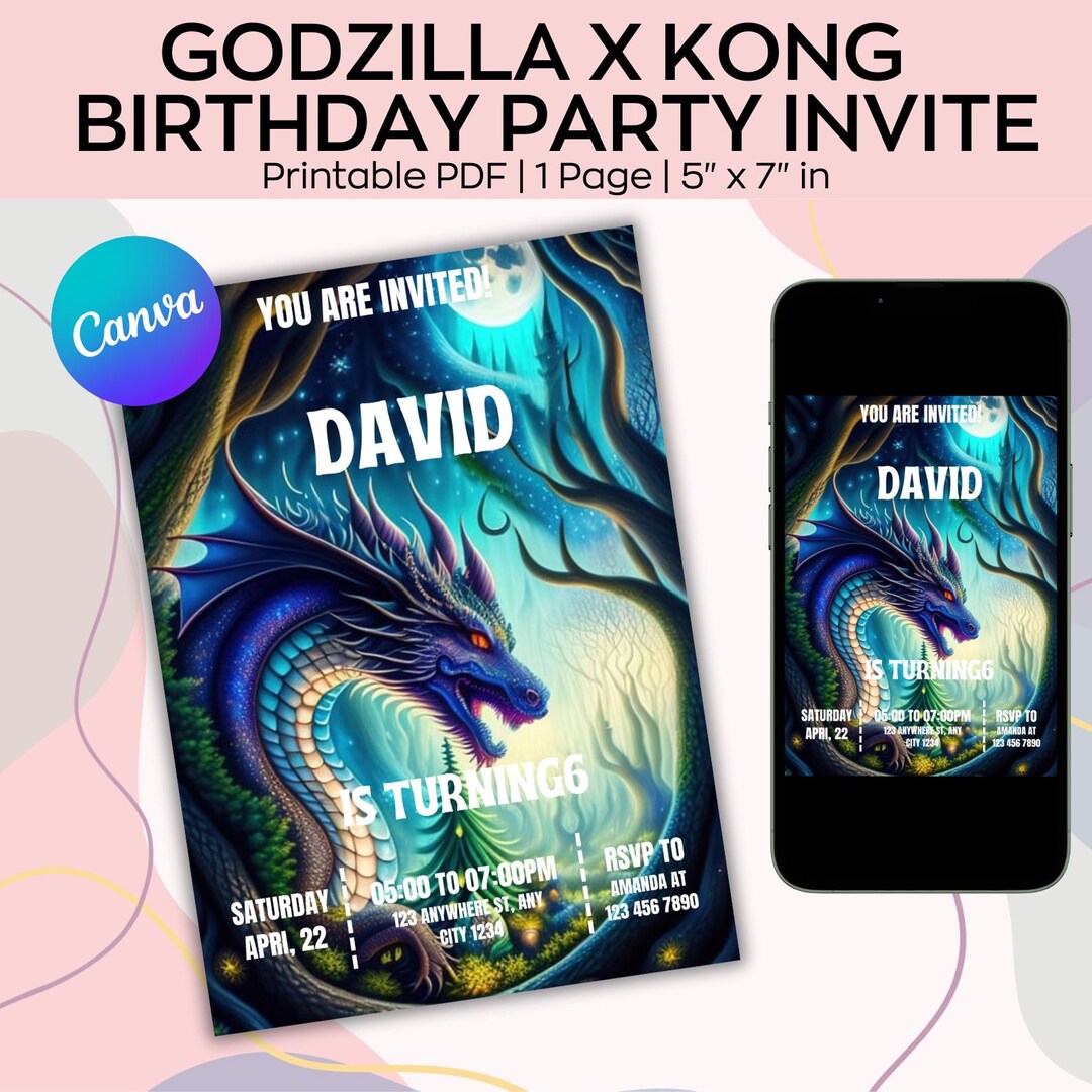 Godzilla Birthday Invitation, Printable Birthday Template, Digital ...