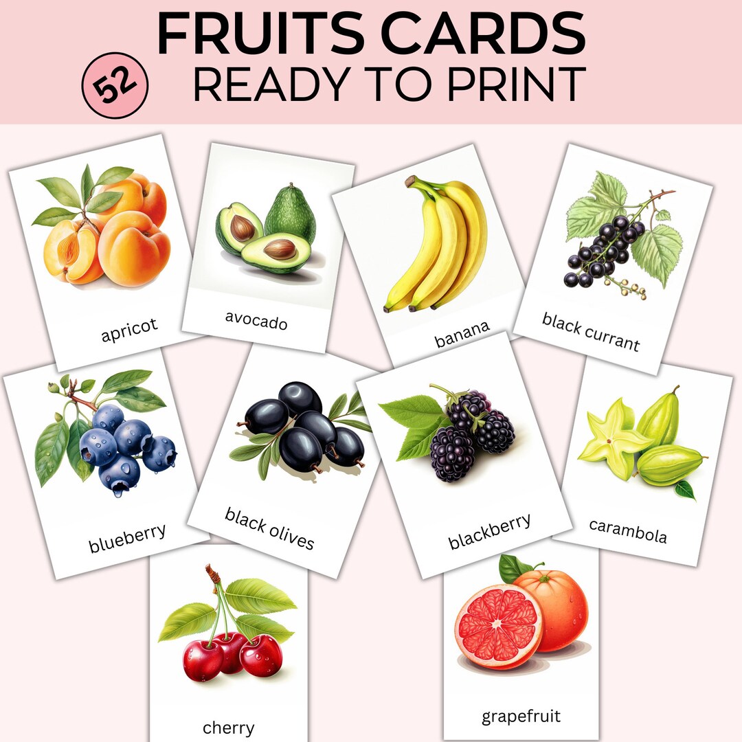 30 Fruits Flash Cards, Montessori Cards Printable, Nomenclature Cards ...
