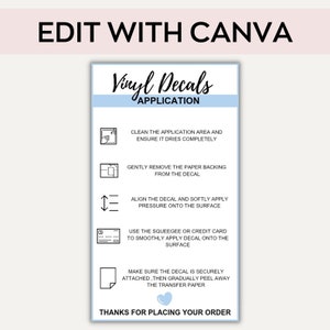 Vinyl Decal Application Card, Printable Vinyl Decal Care Card Instructions, Small Business ...