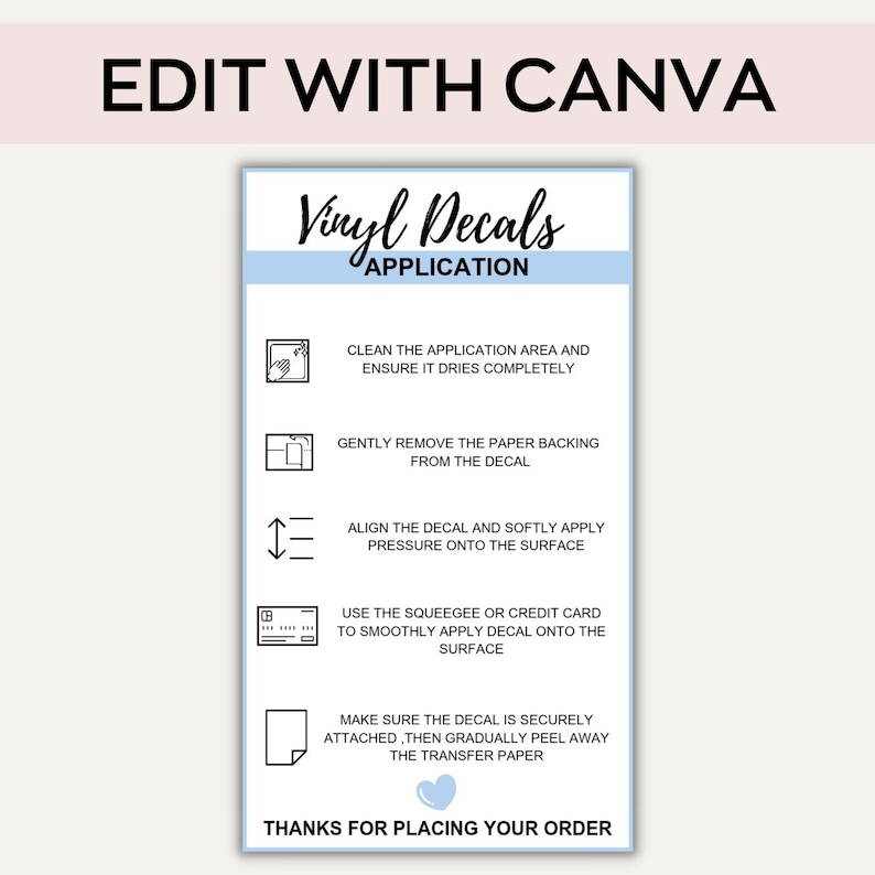 Vinyl Decal Application Card, Printable Vinyl Decal Care Card Instructions, Small Business ...