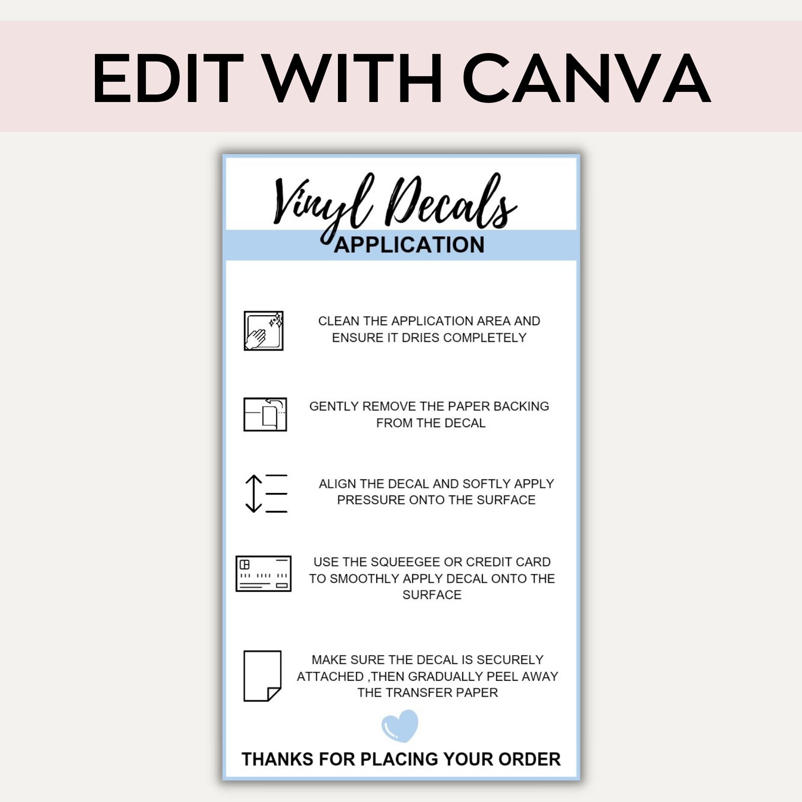 Vinyl Decal Application Card, Printable Vinyl Decal Care Card Instructions, Small Business ...