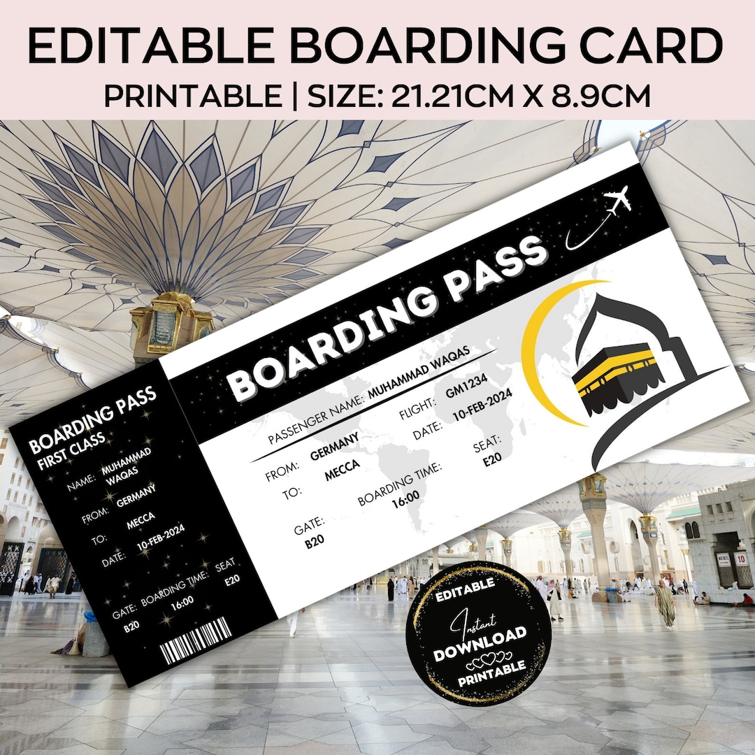Hajj Boarding Pass,editable Hajj Plane Ticket,makkah Umrah Gift ...