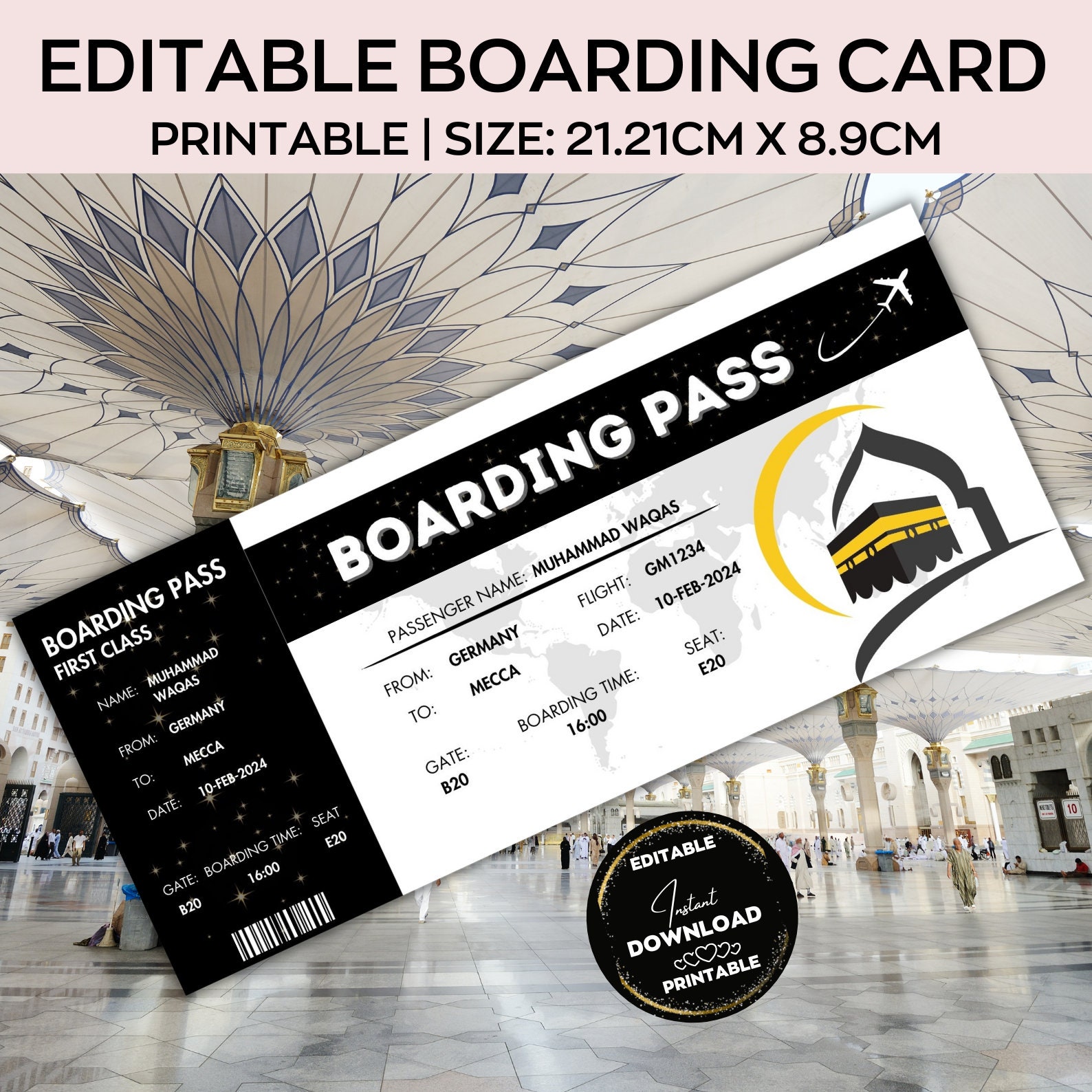 Hajj Boarding Pass,editable Hajj Plane Ticket,makkah Umrah Gift ...