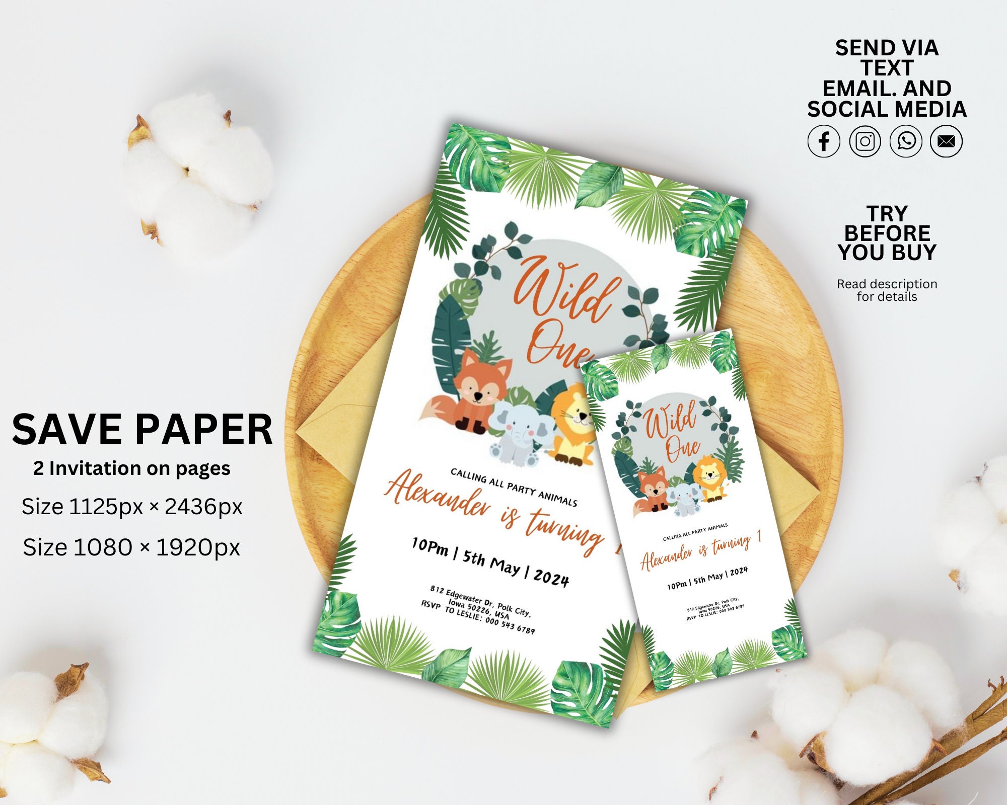 EDITABLE Safari Birthday Invitation, Wild One 1st Birthday Invite ...