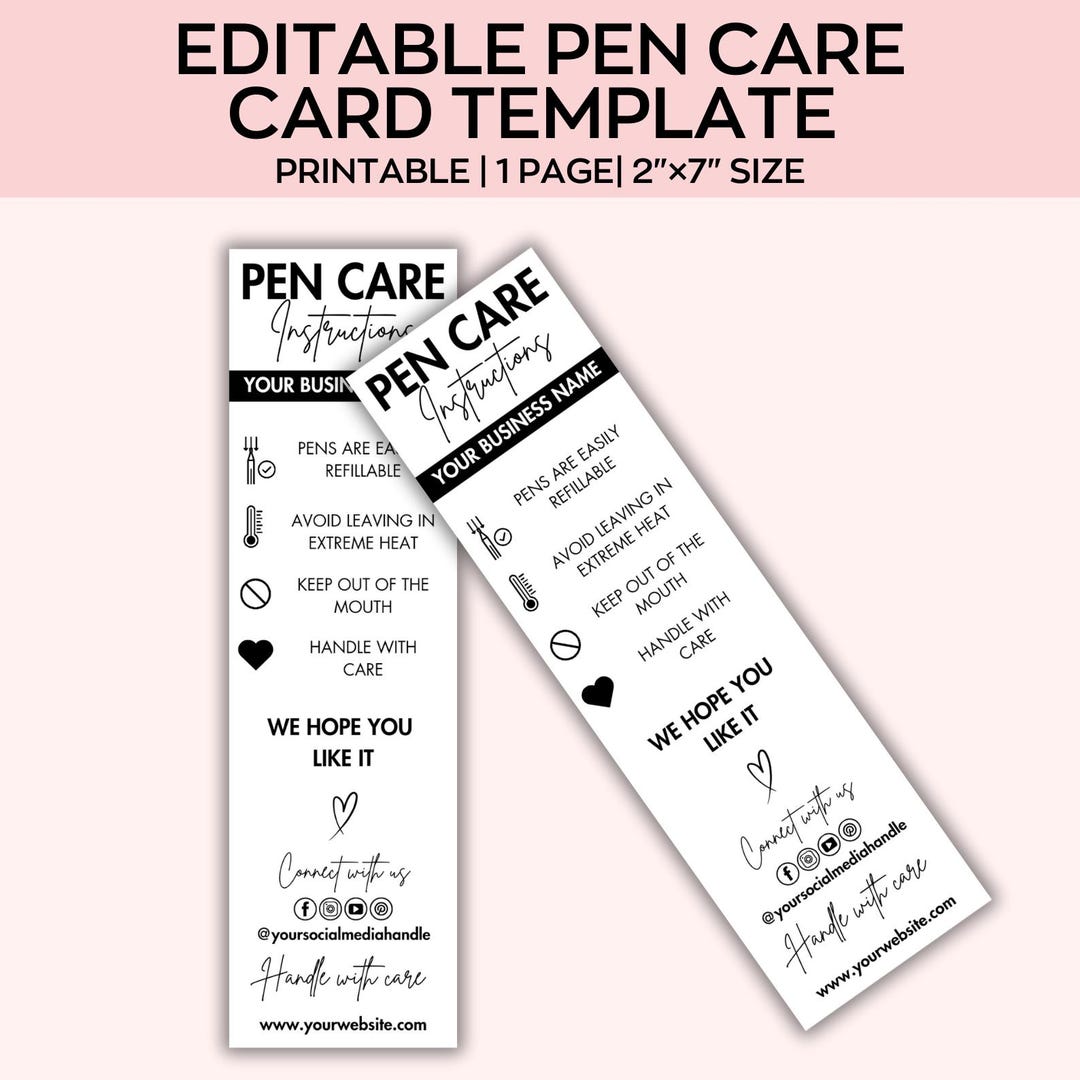Editable Gel Pen Care Cards, Epoxy Pen Care Cards, Small Business, DIY ...