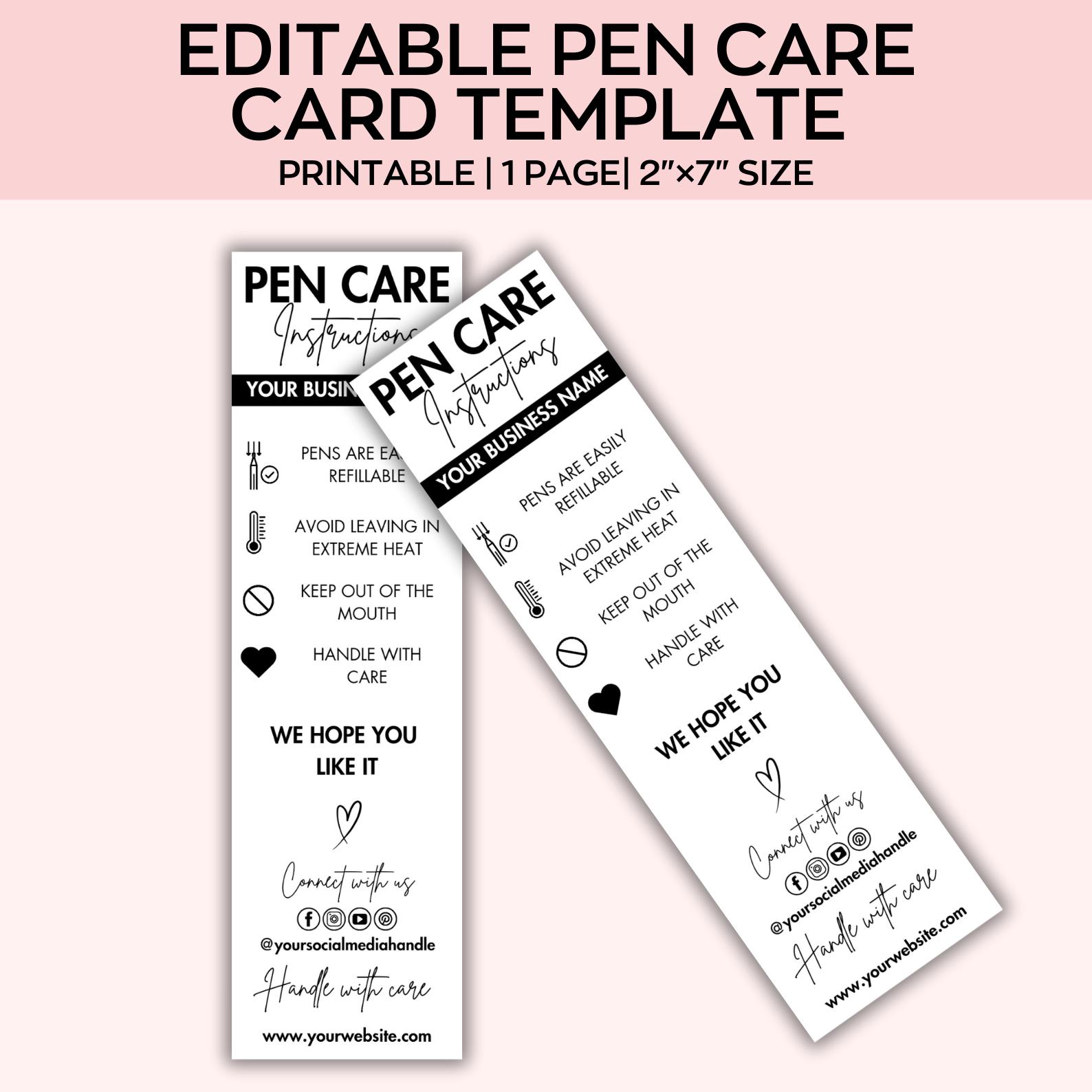 Editable Gel Pen Care Cards, Epoxy Pen Care Cards, Small Business, DIY ...