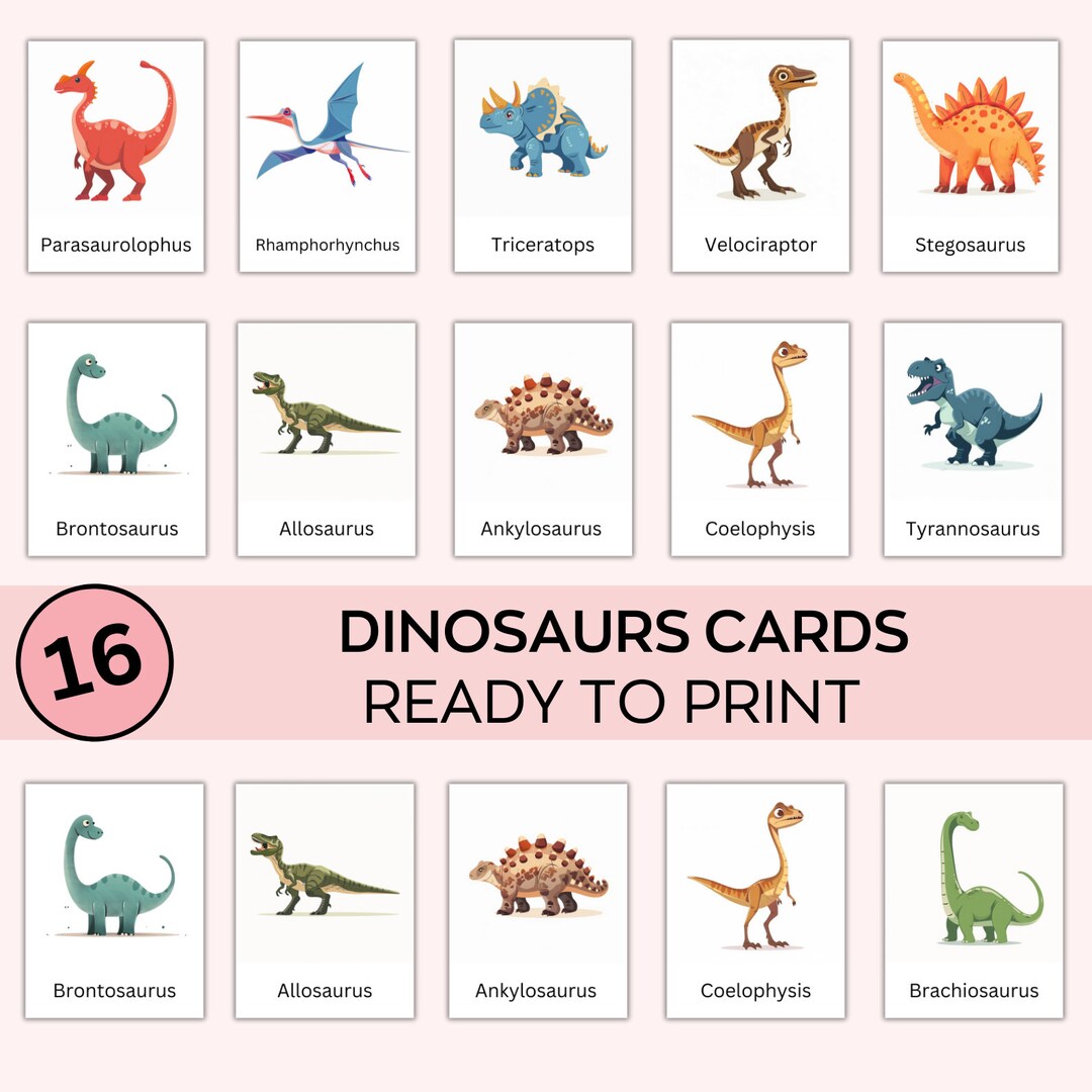 16 Dinosaur Flash Cards, Montessori Cards Printable, Nomenclature Cards ...