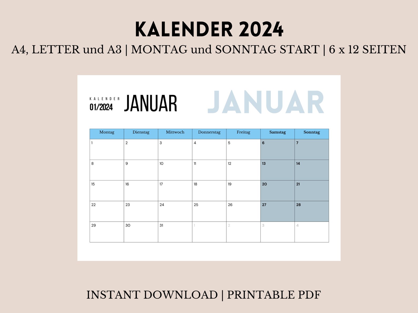 2024 Kalender Druckbar PDF 2024 Calendar Printable Deutsch German ...