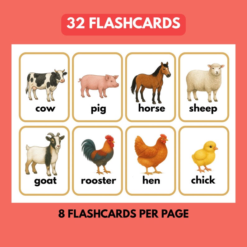Farm Animal Flashcards: Montessori ESL Learning Cards (PDF Downloadable ...