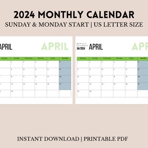 2024 Monthly Calendar Printable PDF Monday & Sunday Start A4, Letter ...