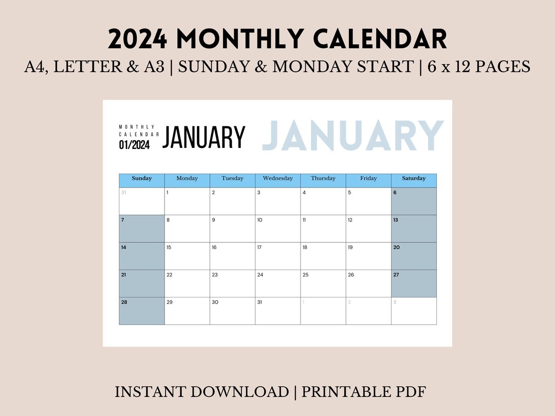 2024 Monthly Calendar Printable PDF Monday & Sunday Start A4, Letter ...
