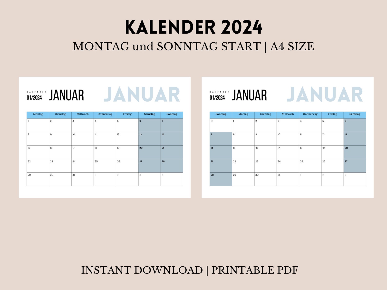 2024 Kalender Druckbar PDF 2024 Calendar Printable Deutsch German ...