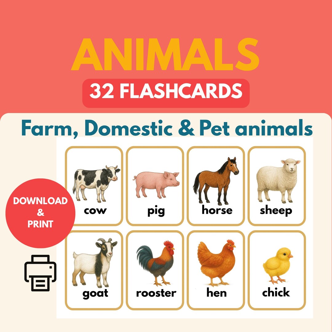 Farm Animal Flashcards: Montessori ESL Learning Cards (PDF Downloadable ...