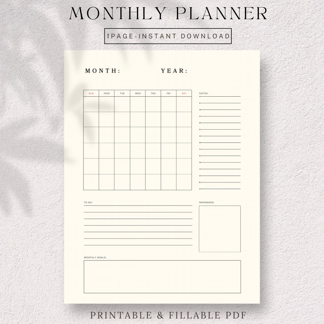 Minimalist Monthly Planner Printable, Monthly to Do List for Work/home ...