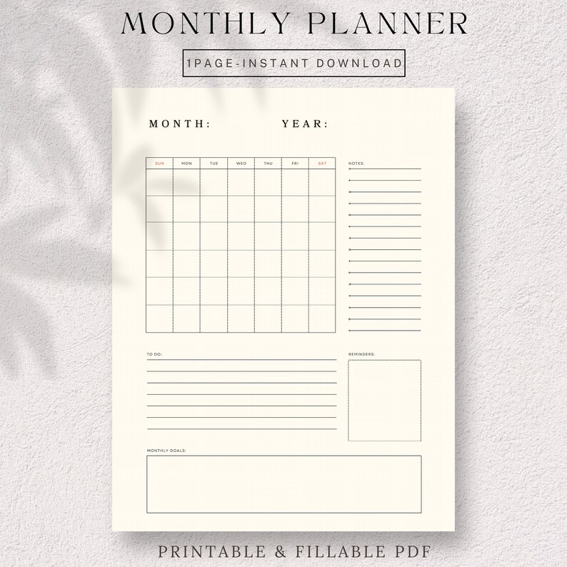 Minimalist Monthly Planner Printable, Monthly to Do List for Work/home ...