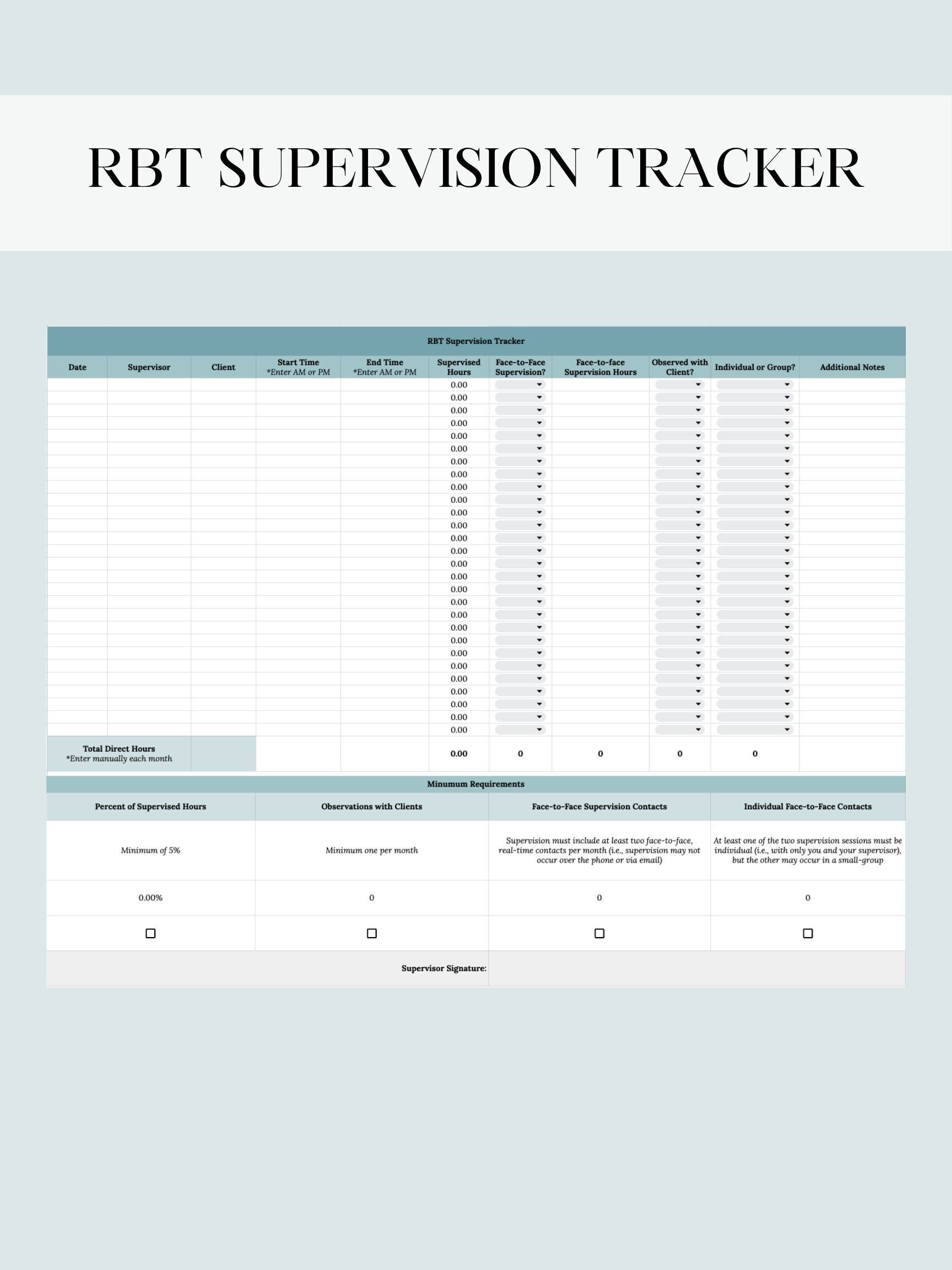 BACB RBT Supervision Tracker for ABA - Digital Download - Etsy
