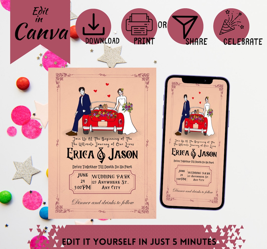 Wedding Car Inspired Wedding Invitation and Mobile Invite, Editable ...
