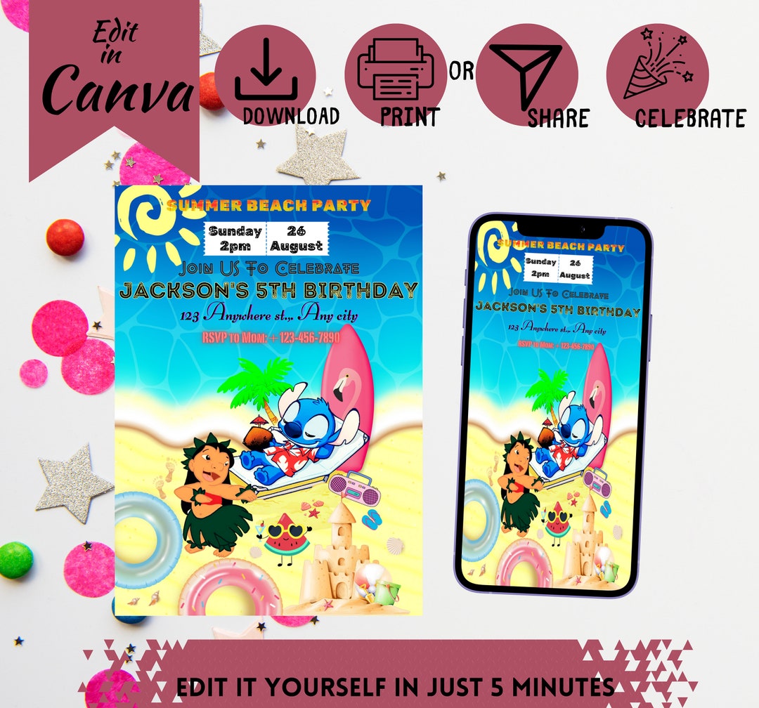 Lilo & Stitch Summer Beach Party Birthday Invitation and Mobile Evite ...
