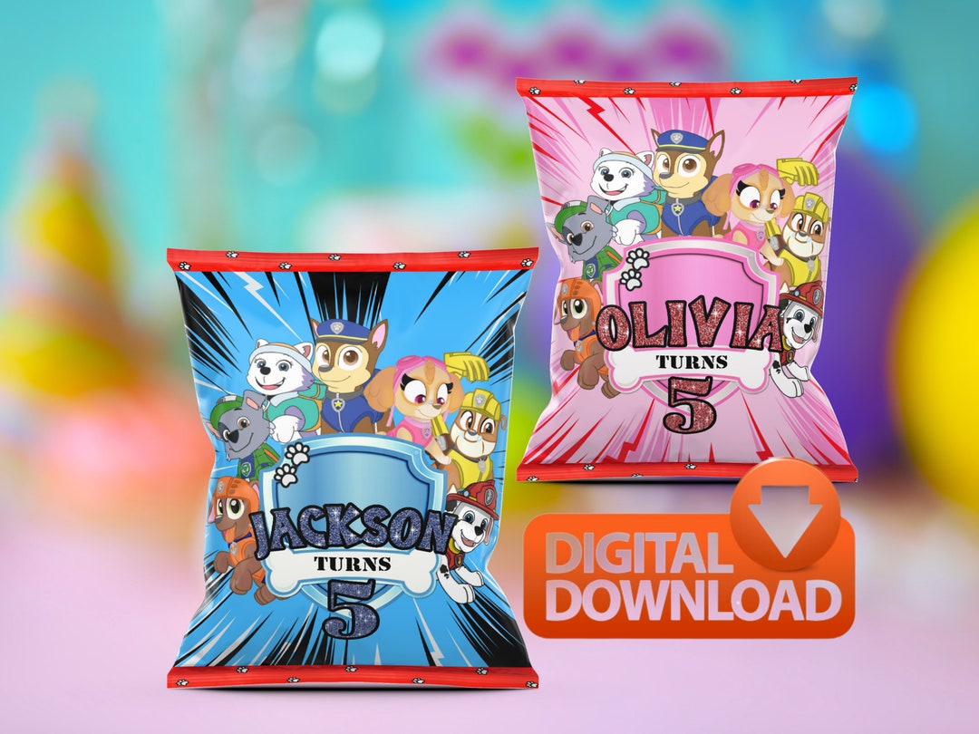 Personalized Glitter Kids Chip Bags DIY Paw-ty Girls/boys blue/pink ...