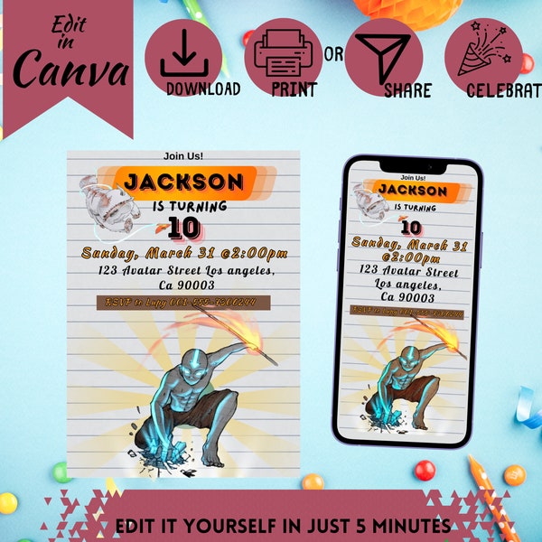 Avatar the Last Airbender Birthday Invitations - Etsy
