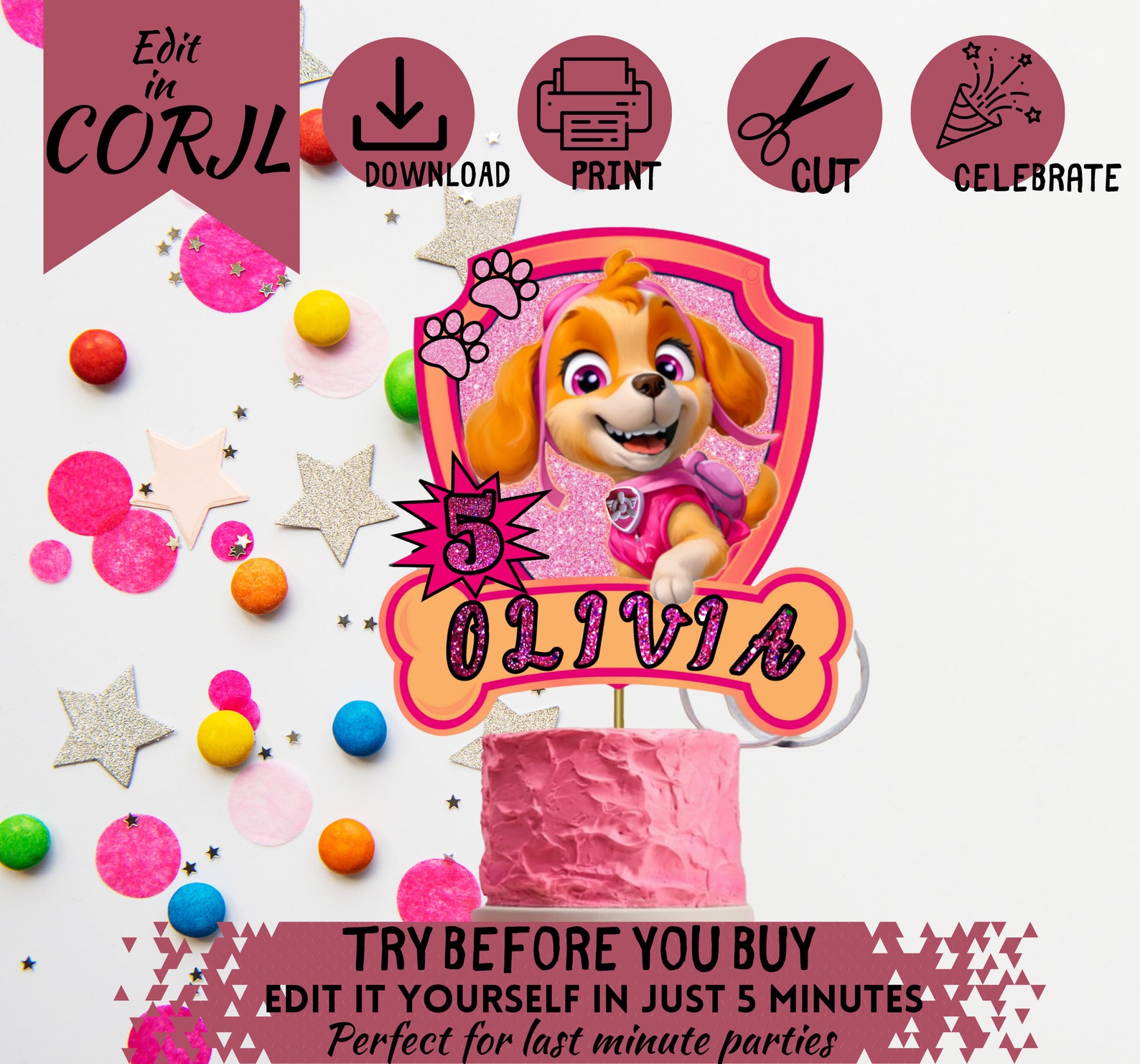 Editable Skye Pawty Puppies Cake Topper - Personalized and Perfect for ...