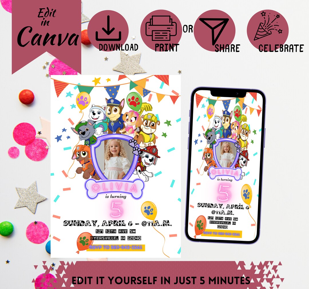 Personalized Kids Paw-ty Photo Invitation, Mobile E-vite With Your ...