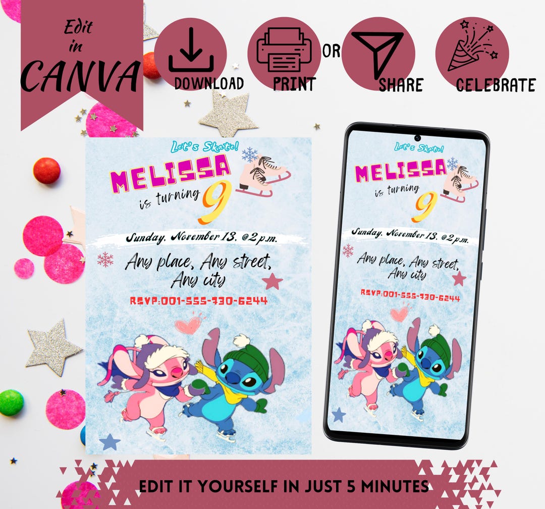 Editable Stitch and Angel Ice Skating Birthday Invitation – Printable ...