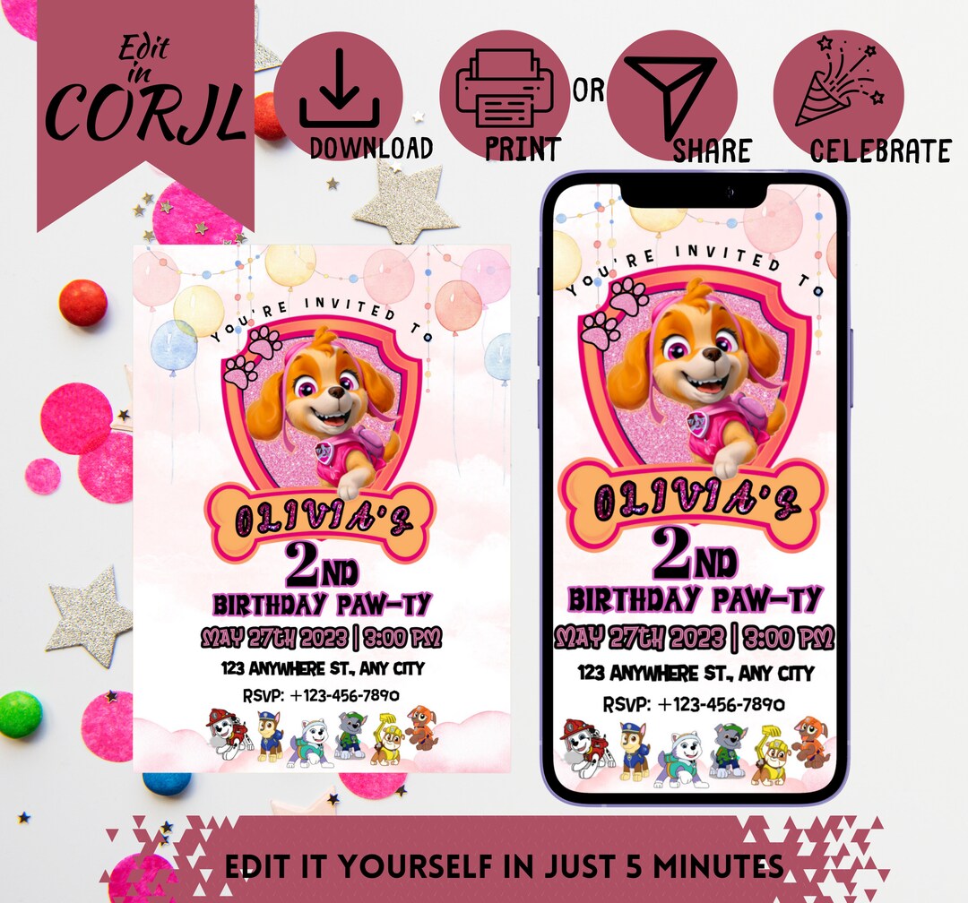 Editable Skye Paw-ty Girls Digital Invitations- Kids Mobile E-vite ...