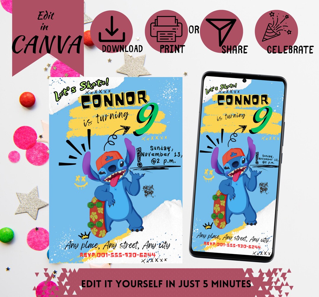 Customizable Stitch Skateboard Graffiti Birthday Invitation -printable ...