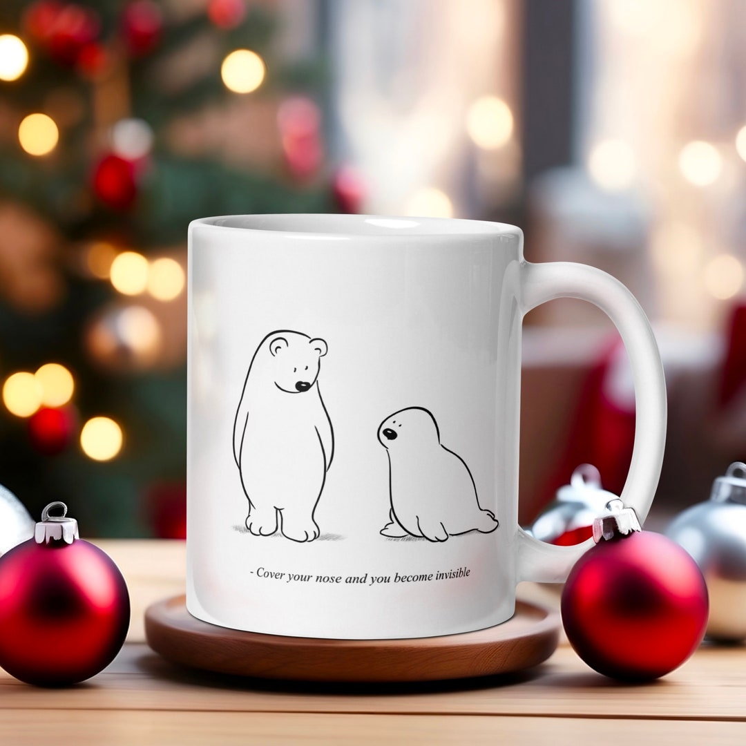 White Funny Mug With the Funny Cartoon Bear and Seal, Humorous Mug With ...