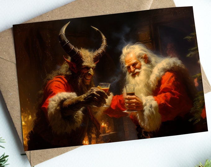 Krampus and Santa Claus Celebrating Christmas Toasting Holiday Card ...