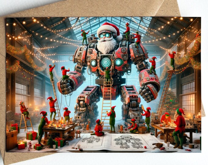 Mecha Santa Workshop Card Elves Building Robotic Santa Claus Christmas ...