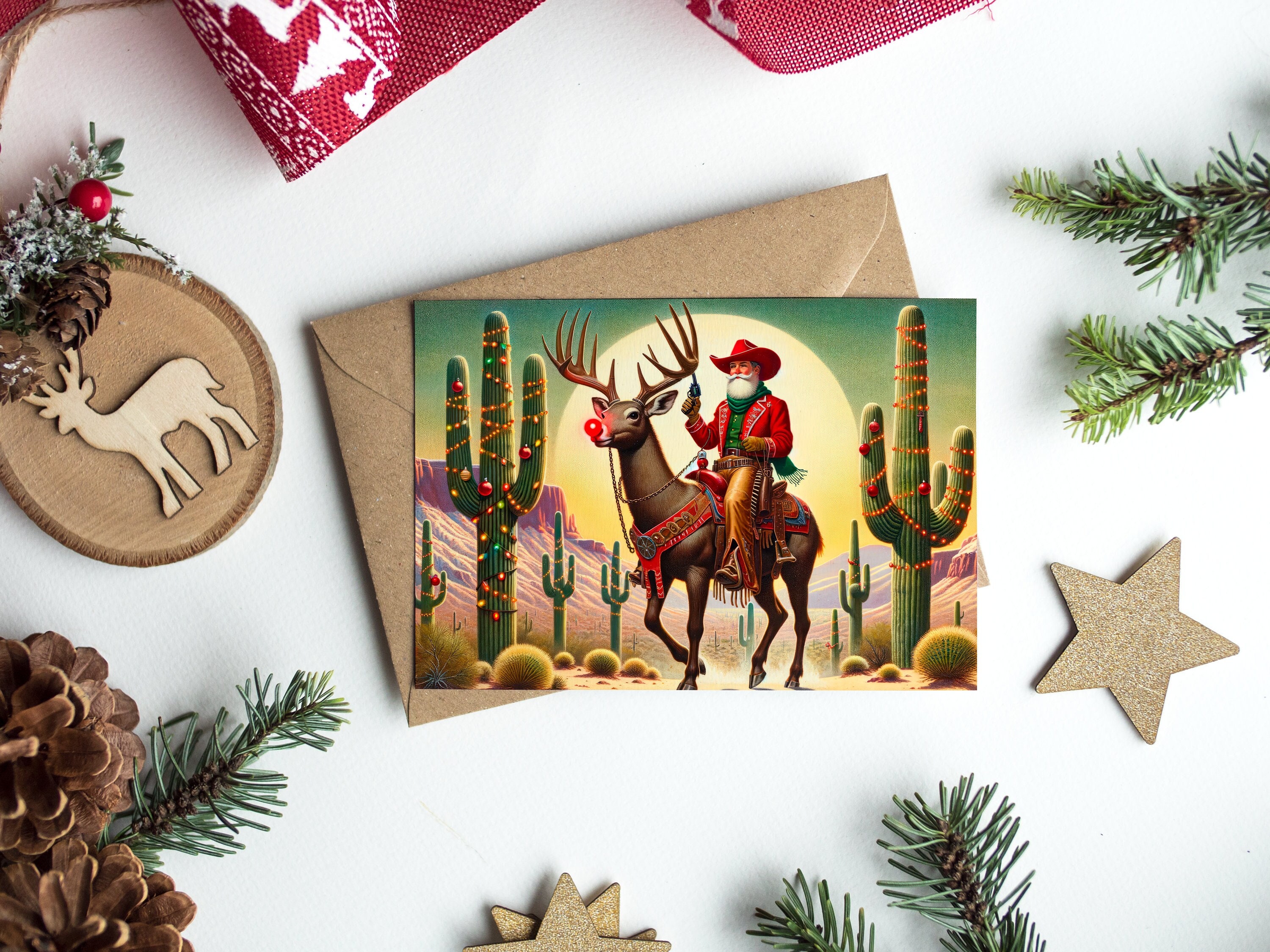 Cowboy Santa Monument Valley Holiday Card Arizona Desert Cactus Lights ...