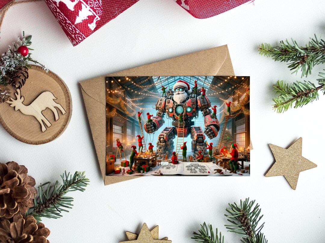 Mecha Santa Workshop Card Elves Building Robotic Santa Claus Christmas ...