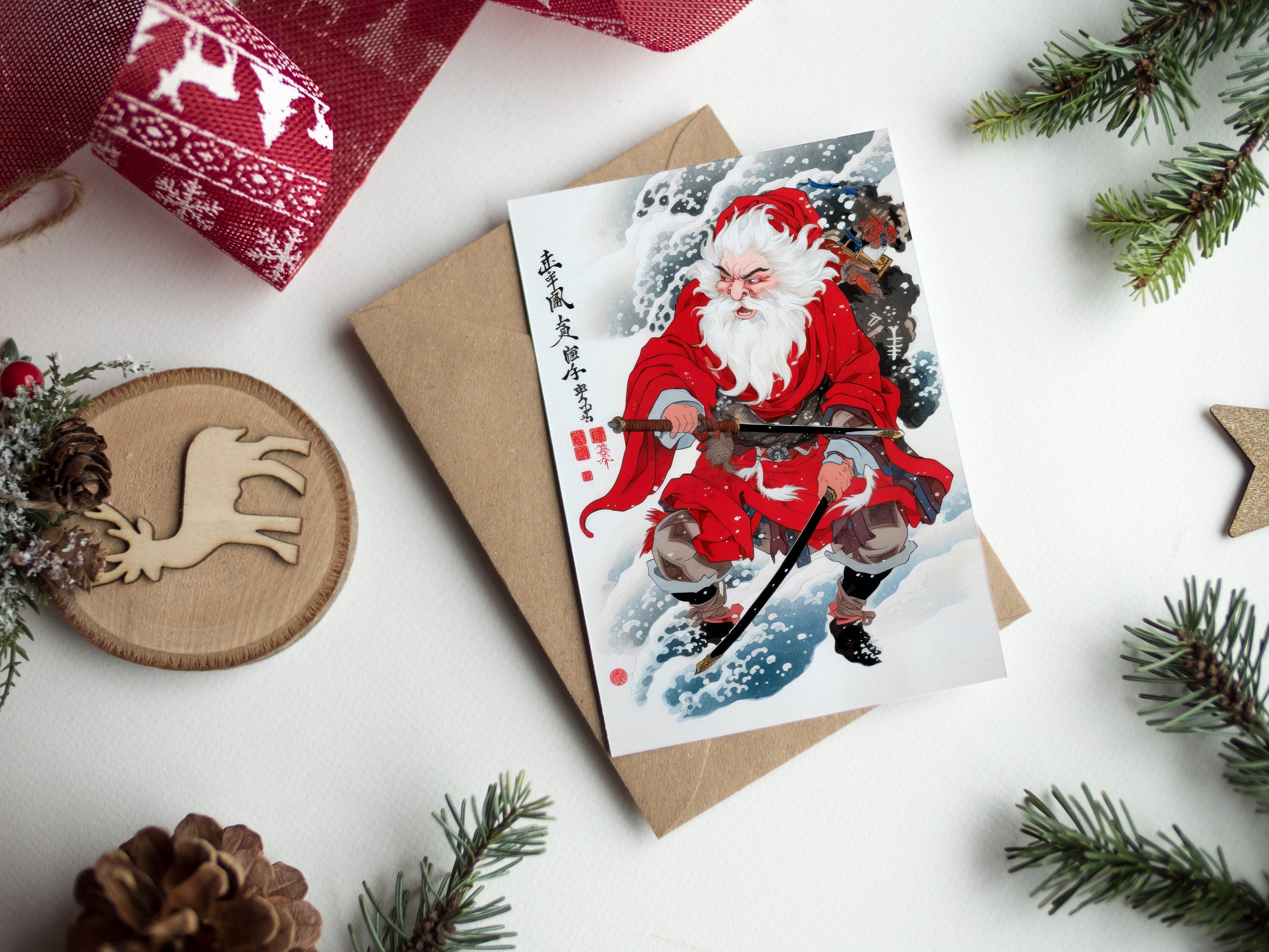 Samurai Santa Claus Christmas Card Ukiyo-e Style Ronin Santa Holiday ...