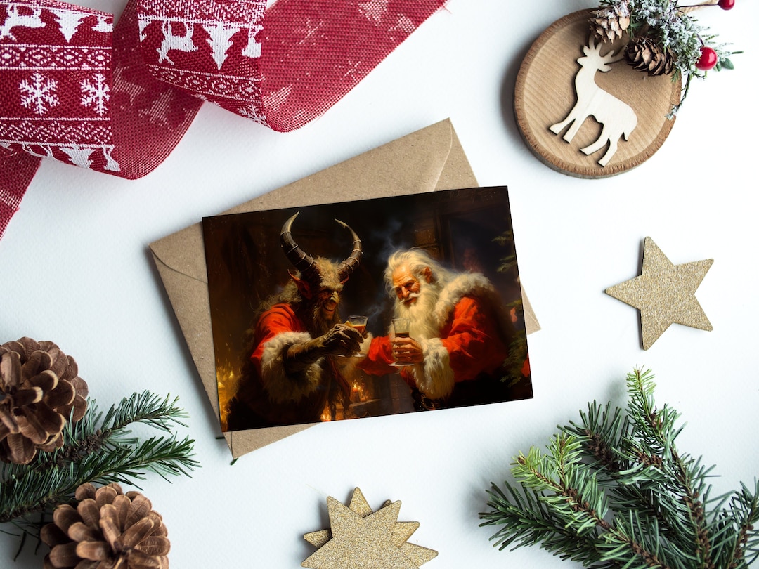 Krampus and Santa Claus Celebrating Christmas Toasting Holiday Card ...