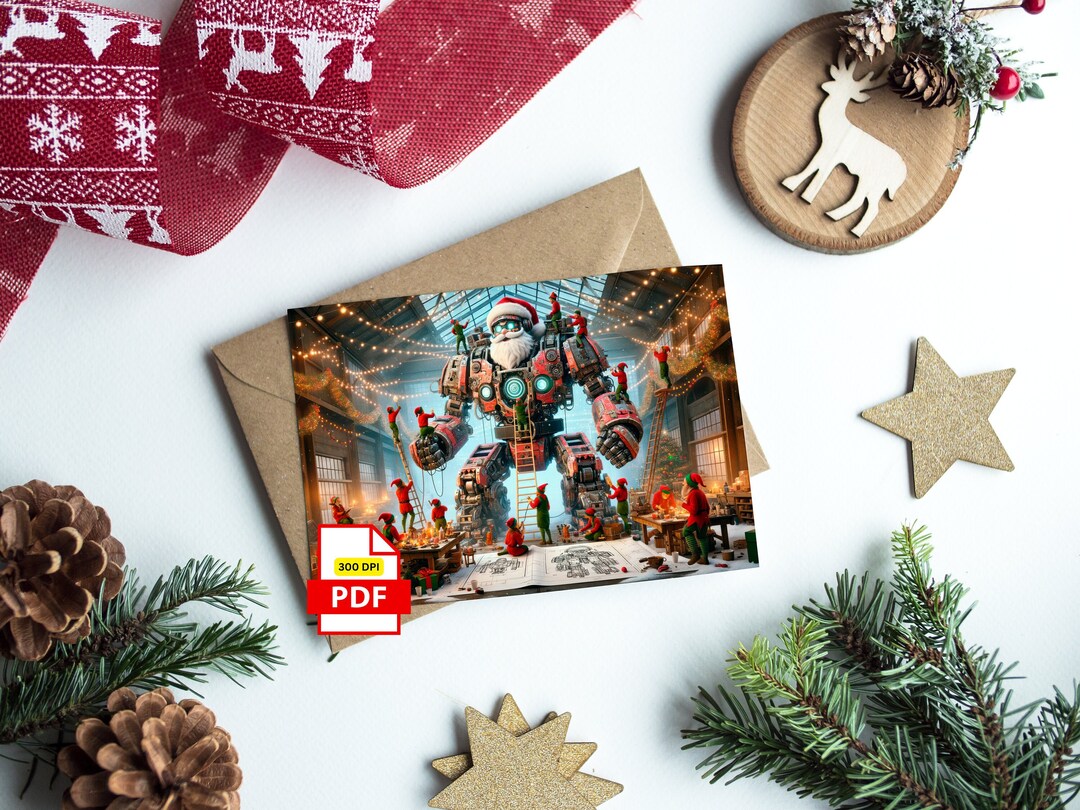 Printable PDF Mecha Santa Workshop Card Elves Building Robotic Claus ...